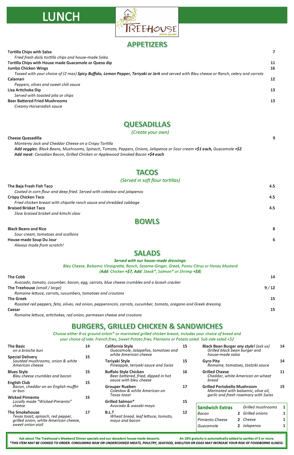 Lunch — Treehouse Restaurant & Pub