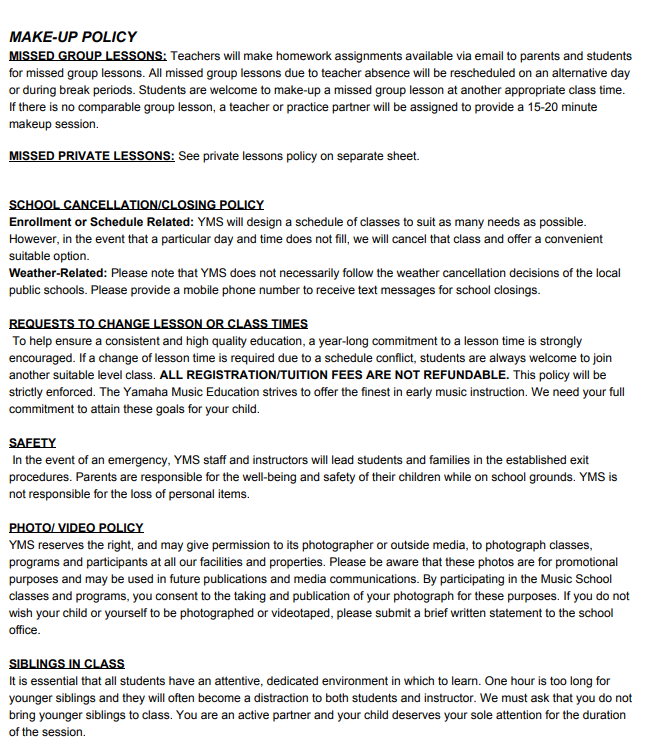 SCHOOL POLICIES — Yamaha Music Conservatory