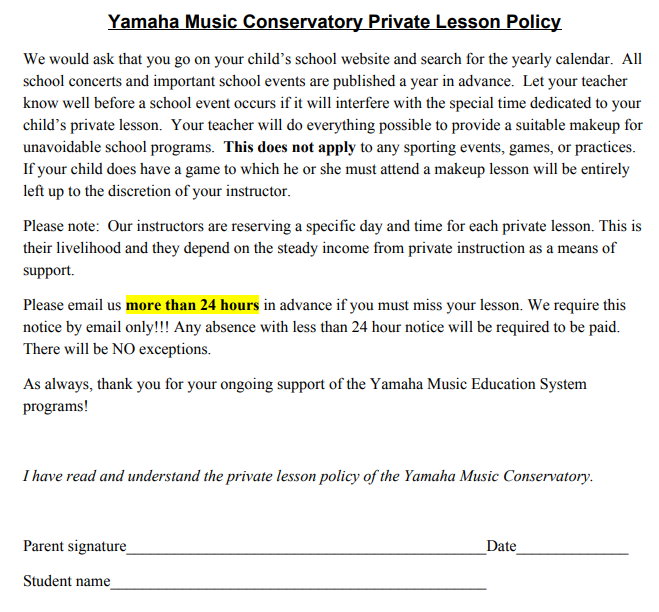 SCHOOL POLICIES — Yamaha Music Conservatory