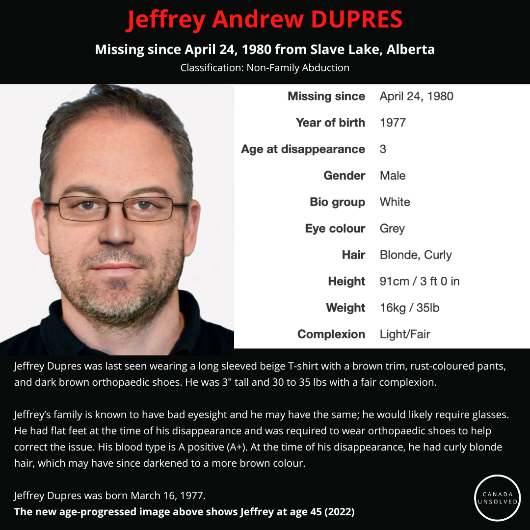 * 2022 UPDATE * Missing: Jeffrey Dupres - Slave Lake, AB - April 24, 1980 — CANADA UNSOLVED