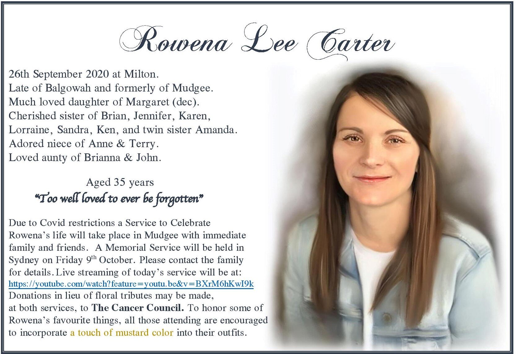 CARTER, Rowena Lee — Macquarie Valley Funerals & Monuments