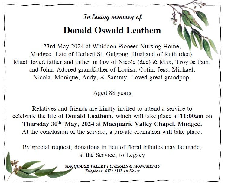 Funeral Notices — Macquarie Valley Funerals & Monuments