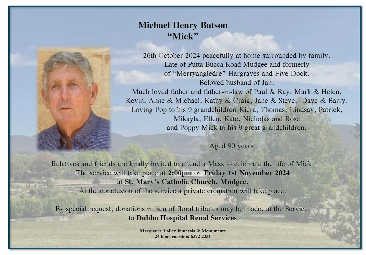 Funeral Notices — Macquarie Valley Funerals & Monuments