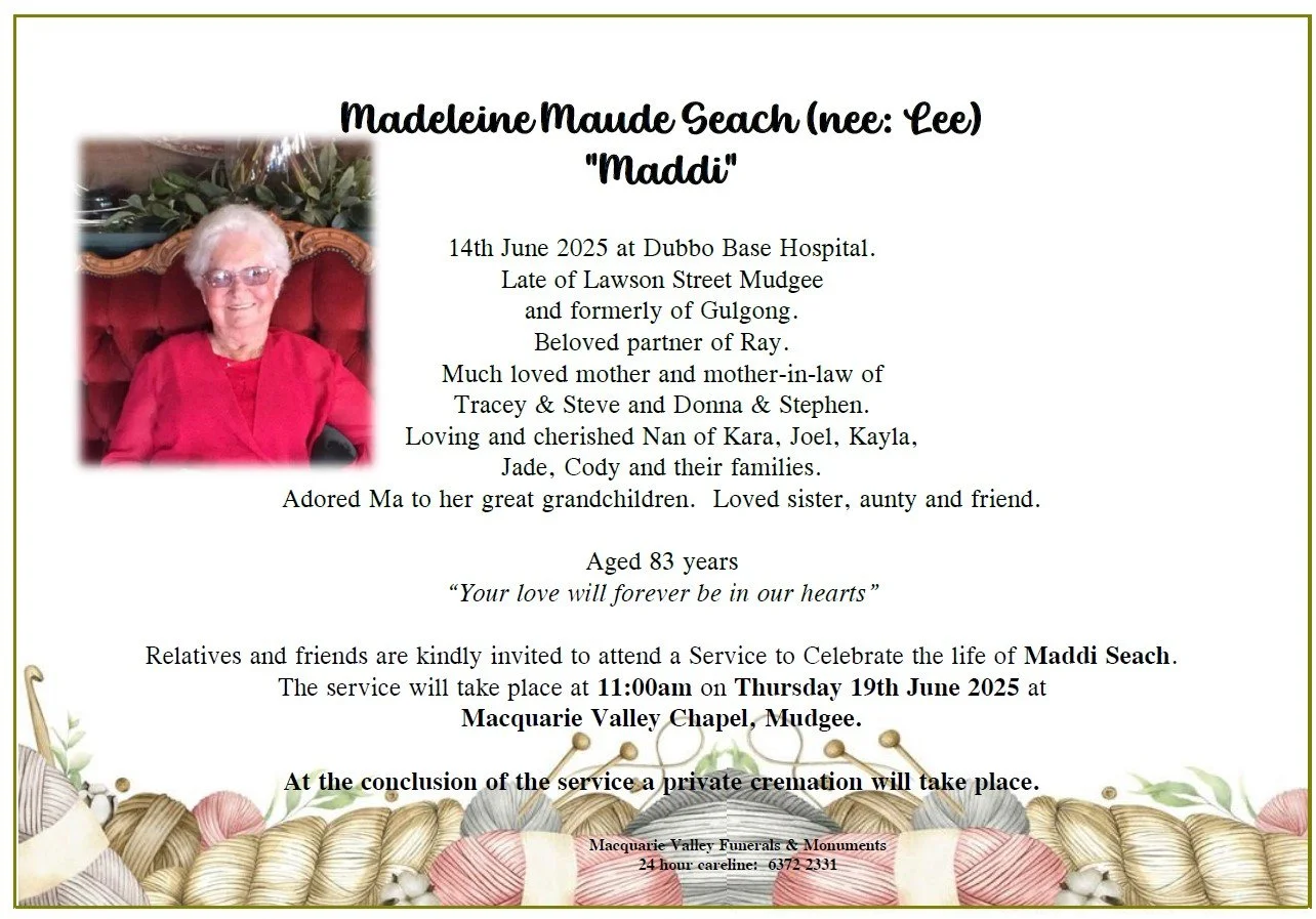 Funeral Notices — Macquarie Valley Funerals & Monuments