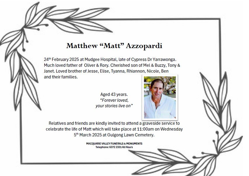 Funeral Notices — Macquarie Valley Funerals & Monuments