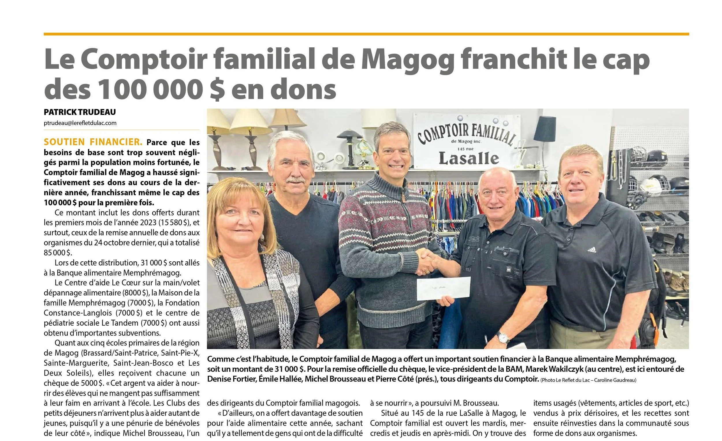 Un grand merci au Comptoir Familial de Magog — Fondation Constance Langlois