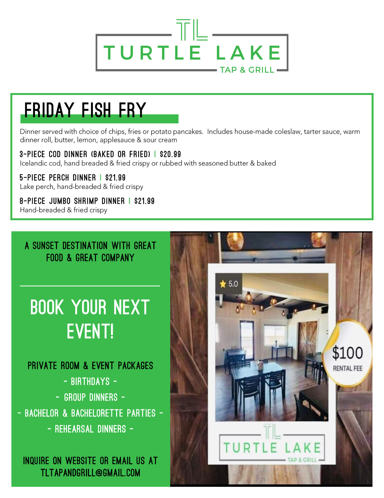 Menu & Specials — Turtle Lake Tap & Grill