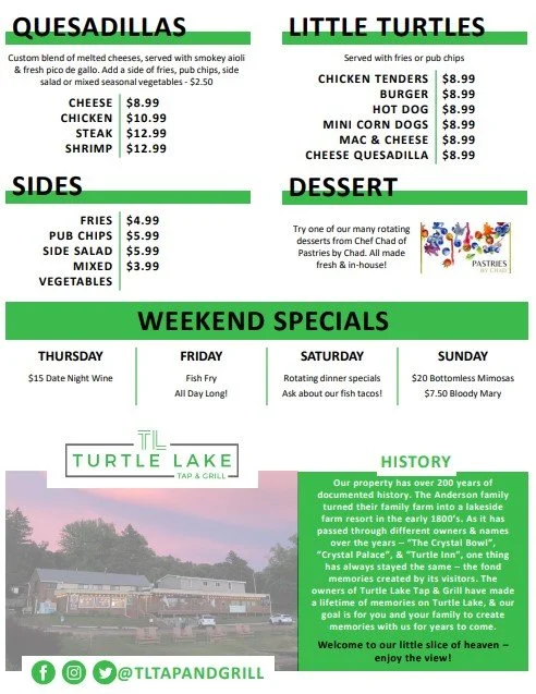 Menu & Specials — Turtle Lake Tap & Grill