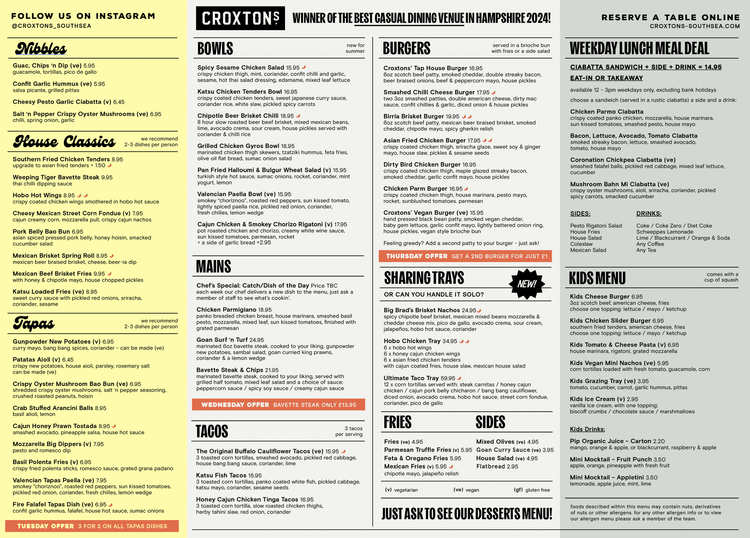 Menus — Croxton's Kitchen & Tap House
