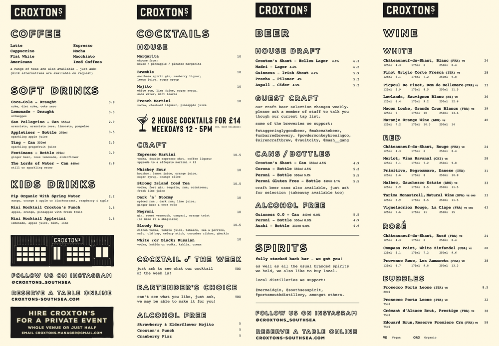 Menus — Croxton's Kitchen & Tap House