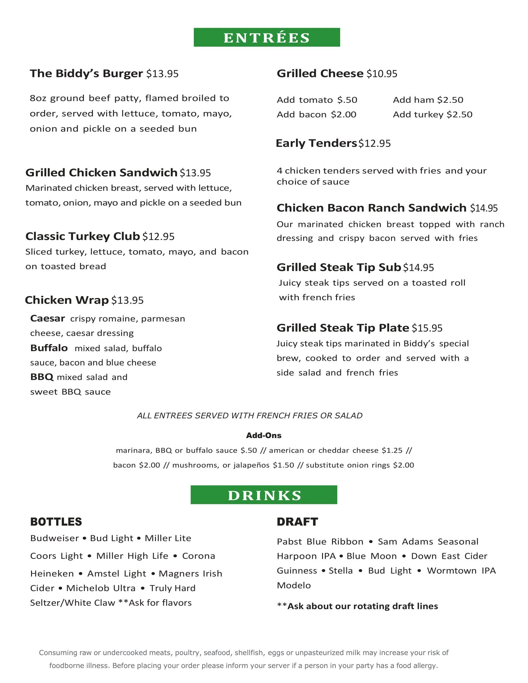 Biddy Early's Boston Food Menu & Drink Menu — Biddy Early's