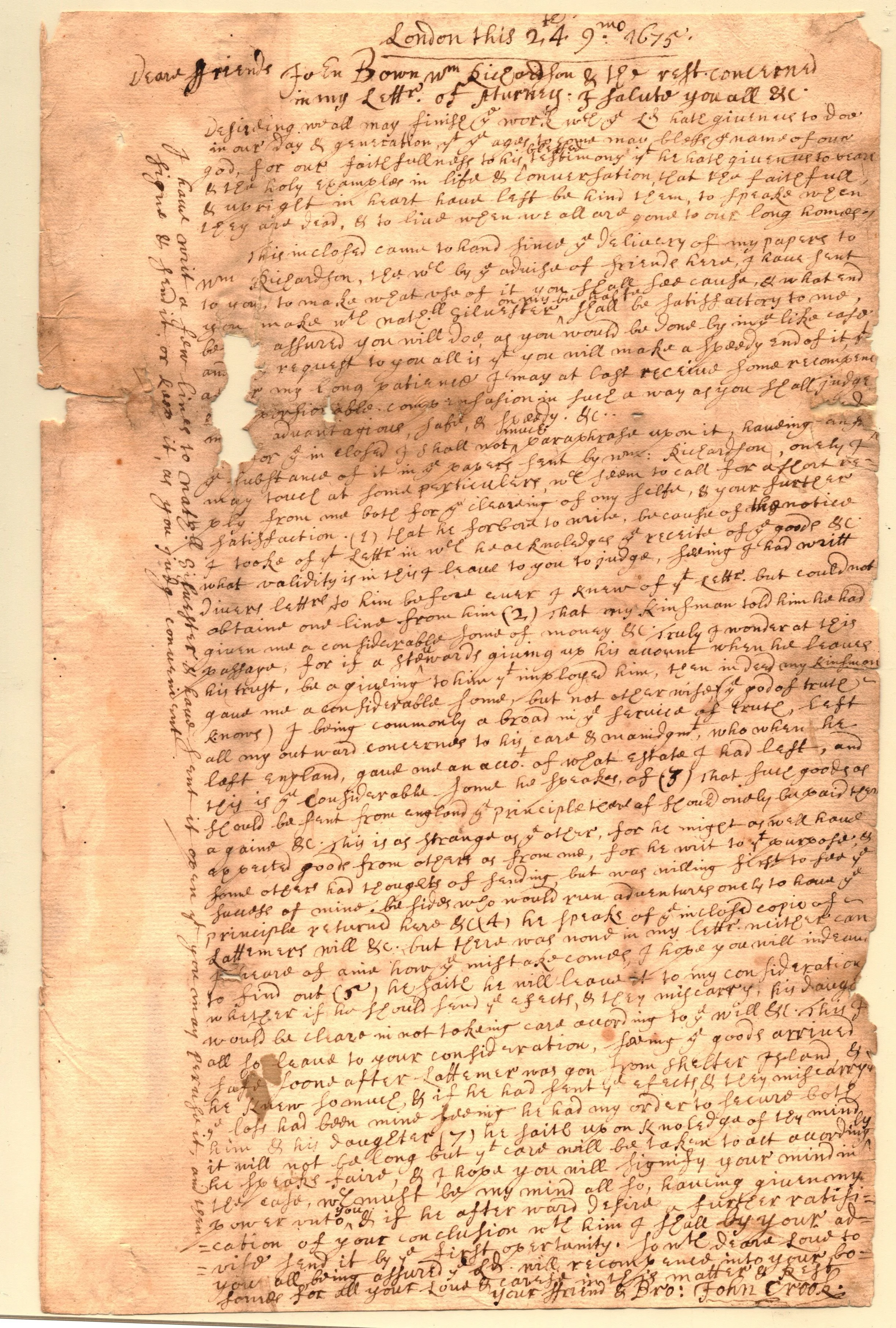 Crook Letter, Nov. 1675 — Bowne House