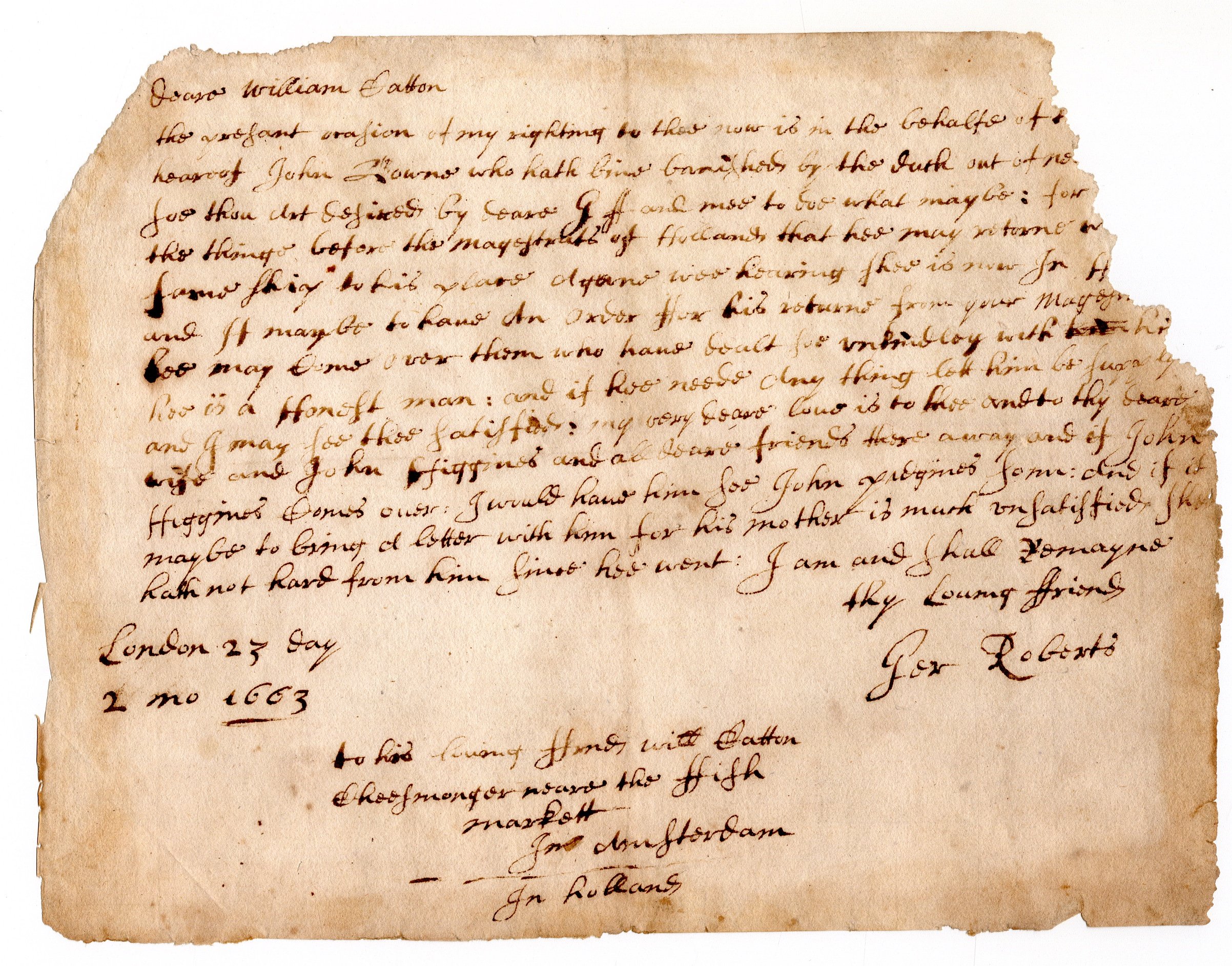 Letter of Gerard Roberts, April/May 1663 — Bowne House