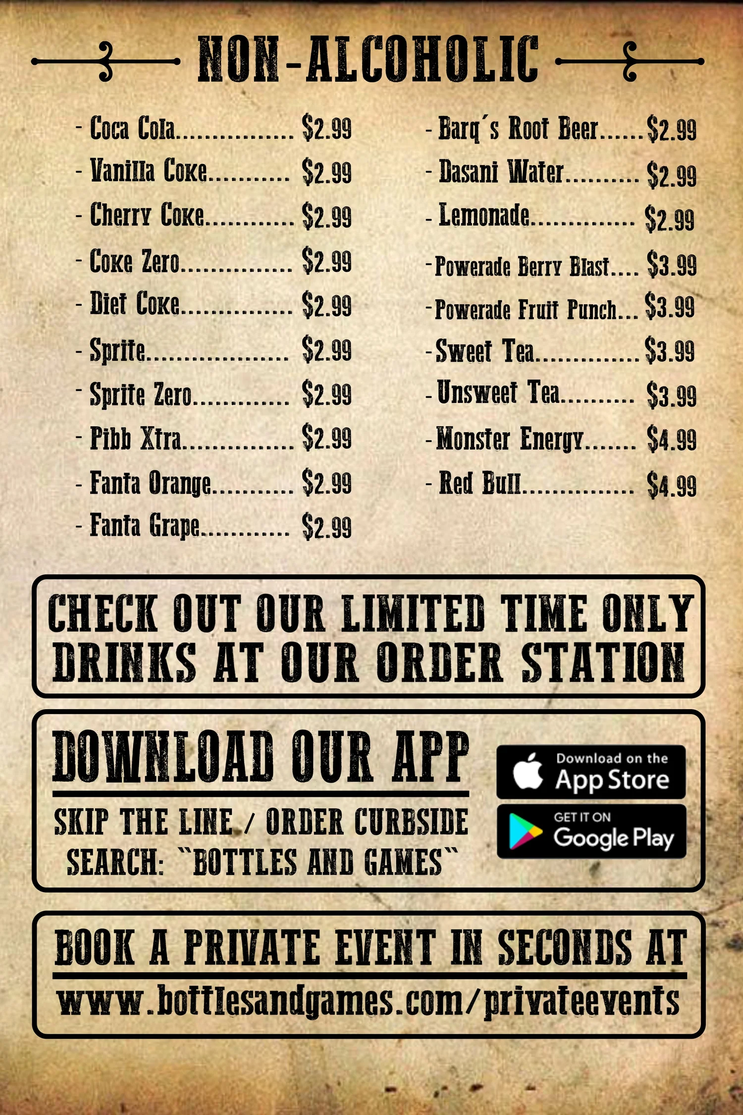 Menu — Bottles and Games