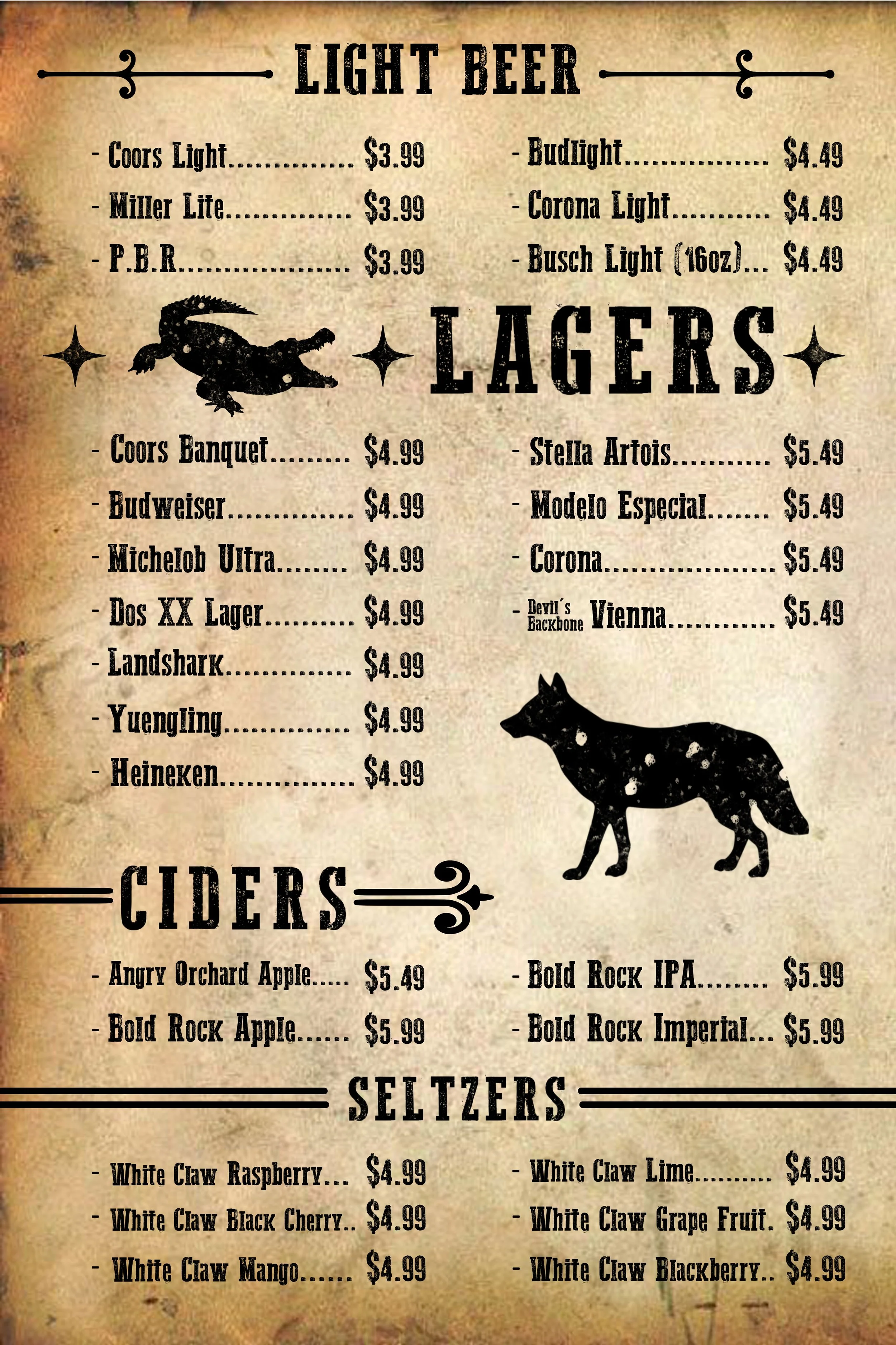 Menu — Bottles and Games