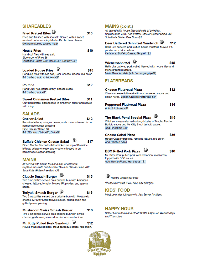 Food Menu & Tap List — Black Pond Brews