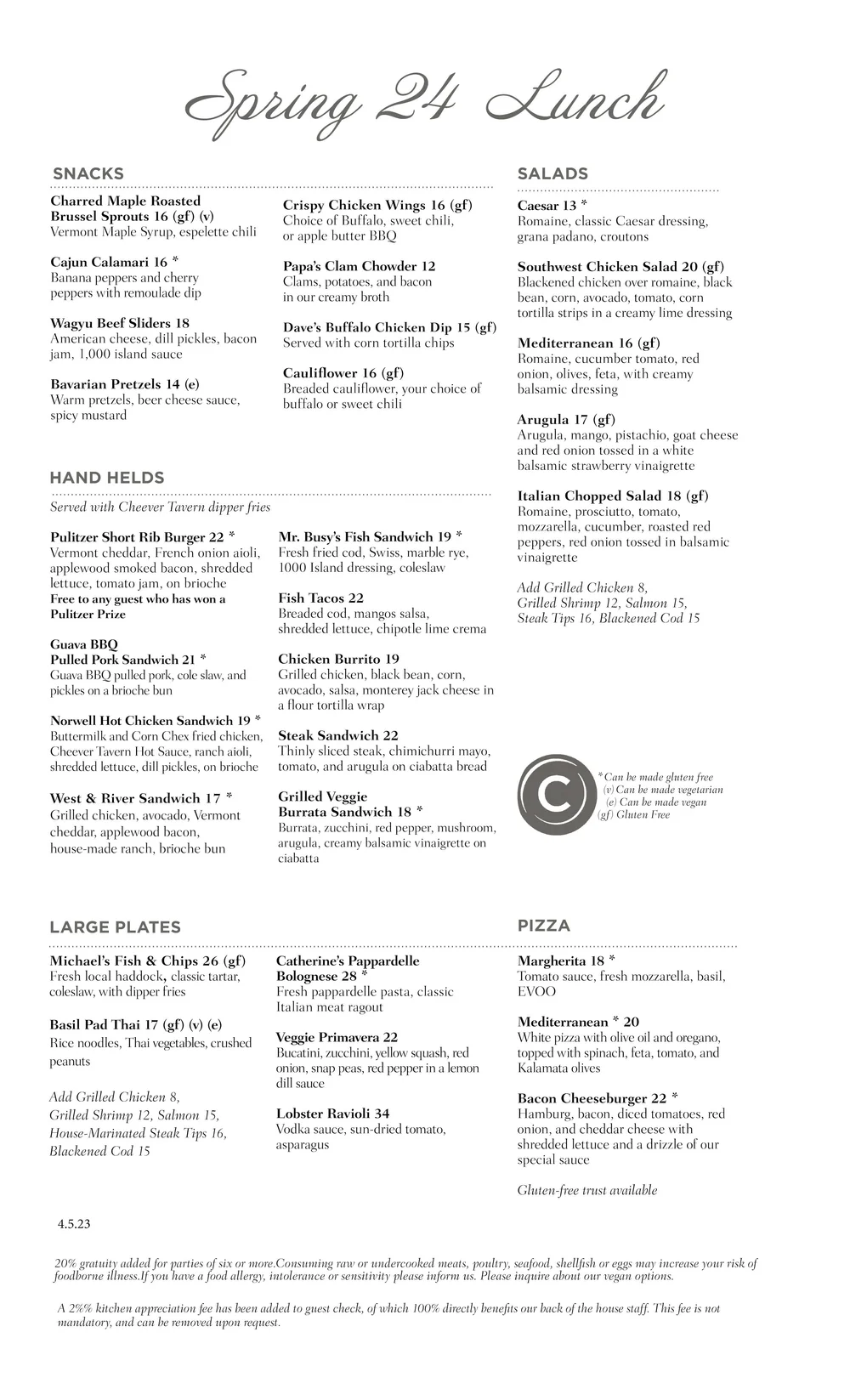CHEEVER TAVERN NORWELL RESTAURANT–Spring '24 Lunch Menu