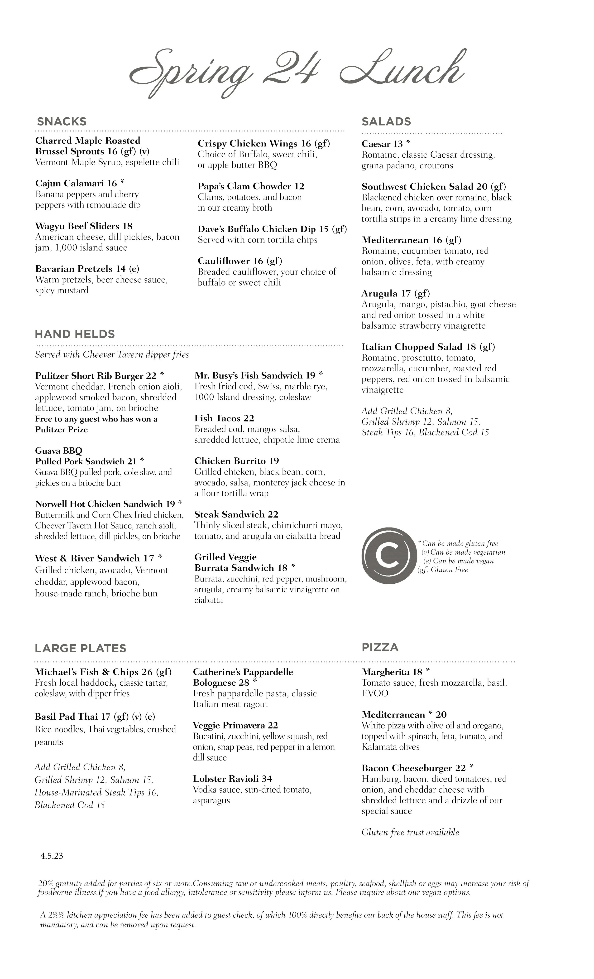 CHEEVER TAVERN NORWELL RESTAURANT–Spring '24 Lunch Menu