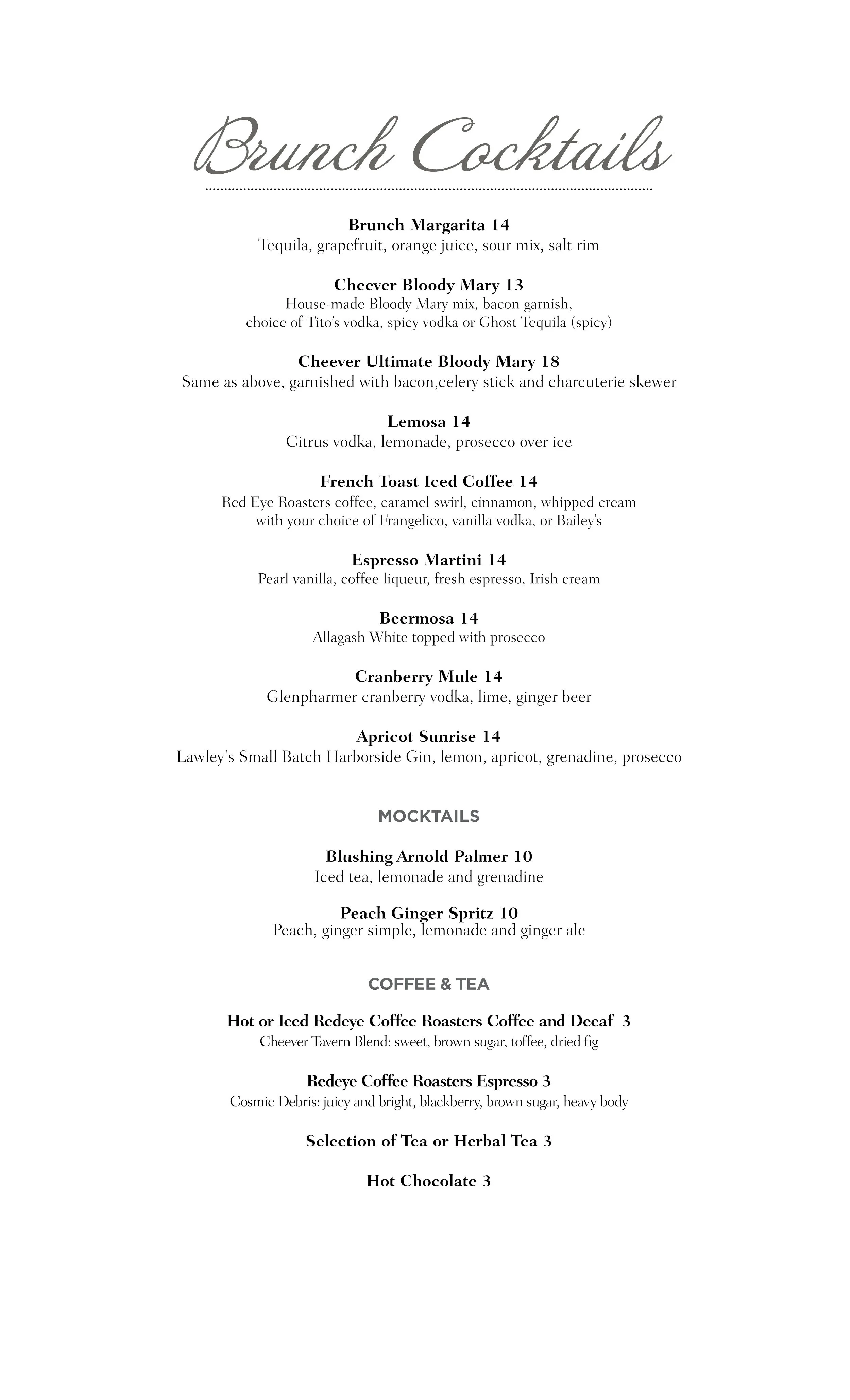 CHEEVER TAVERN NORWELL RESTAURANT–Brunch Cocktails