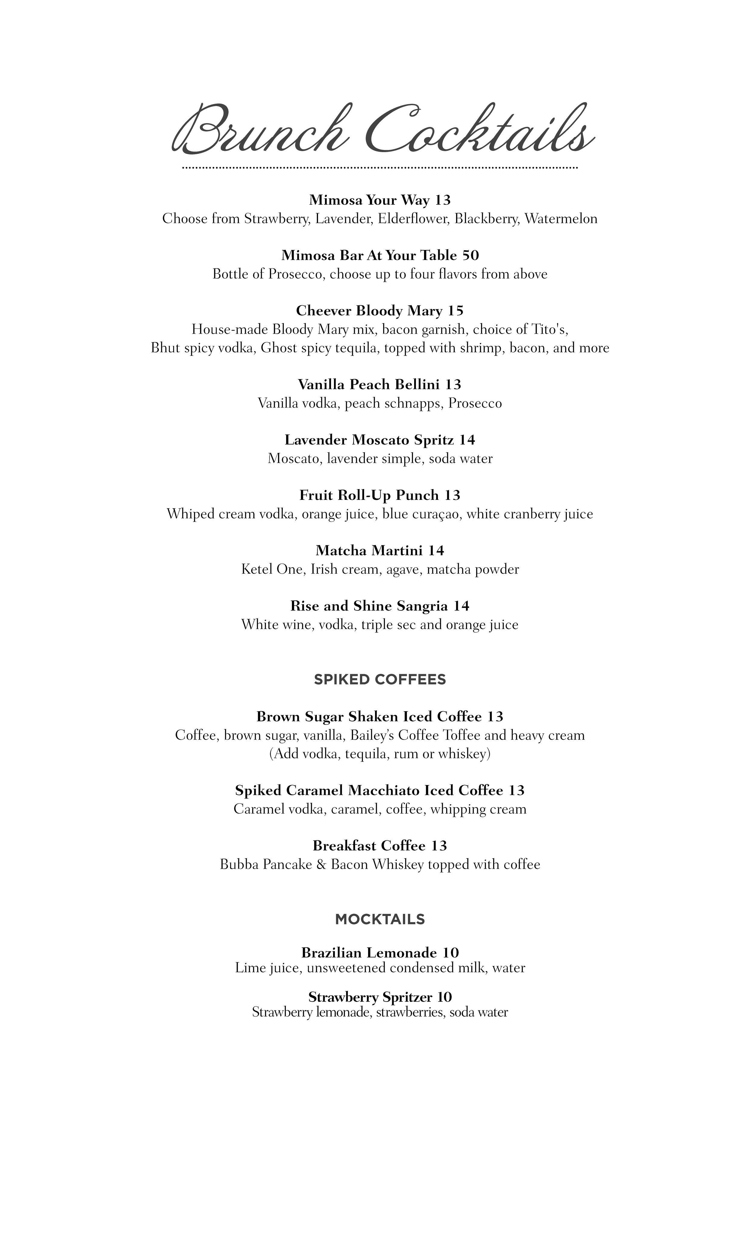 CHEEVER TAVERN NORWELL RESTAURANT–Brunch Cocktails