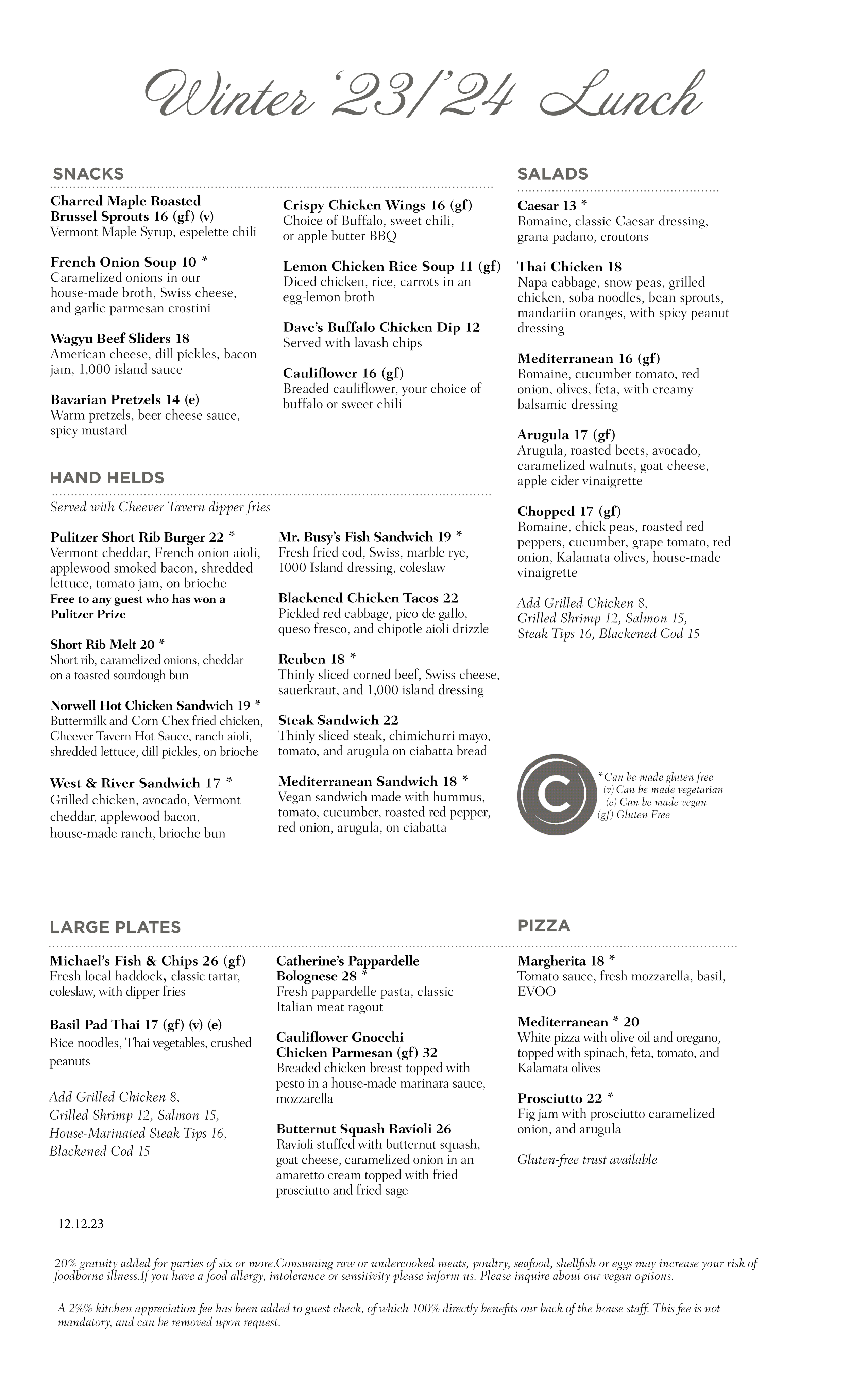 CHEEVER TAVERN NORWELL RESTAURANT–Winter '24 Lunch Menu