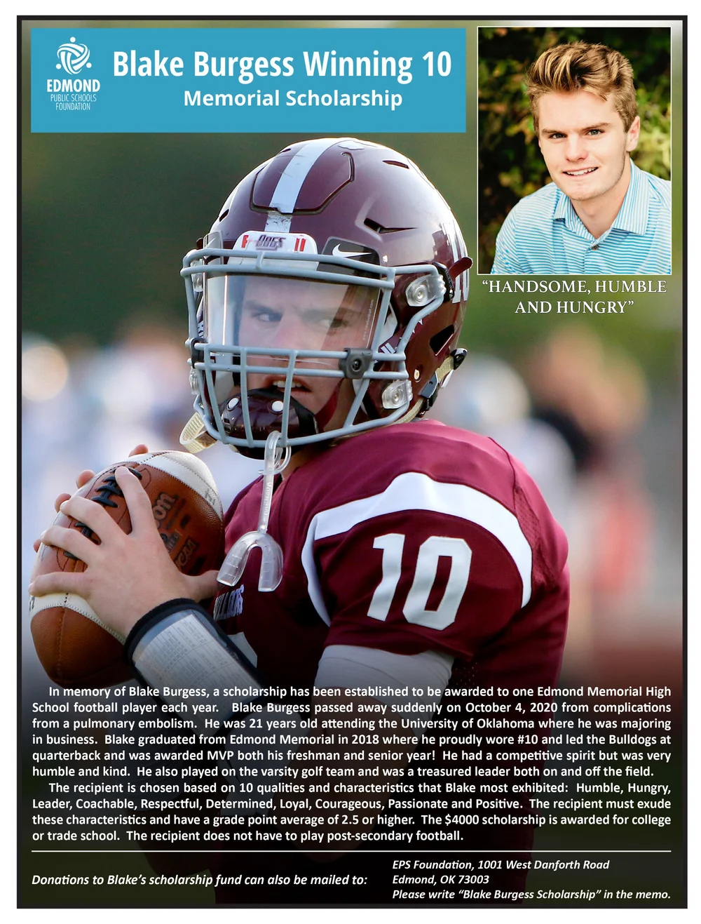 Blake Burgess Winning 10 Scholarship — Edmond Memorial Football