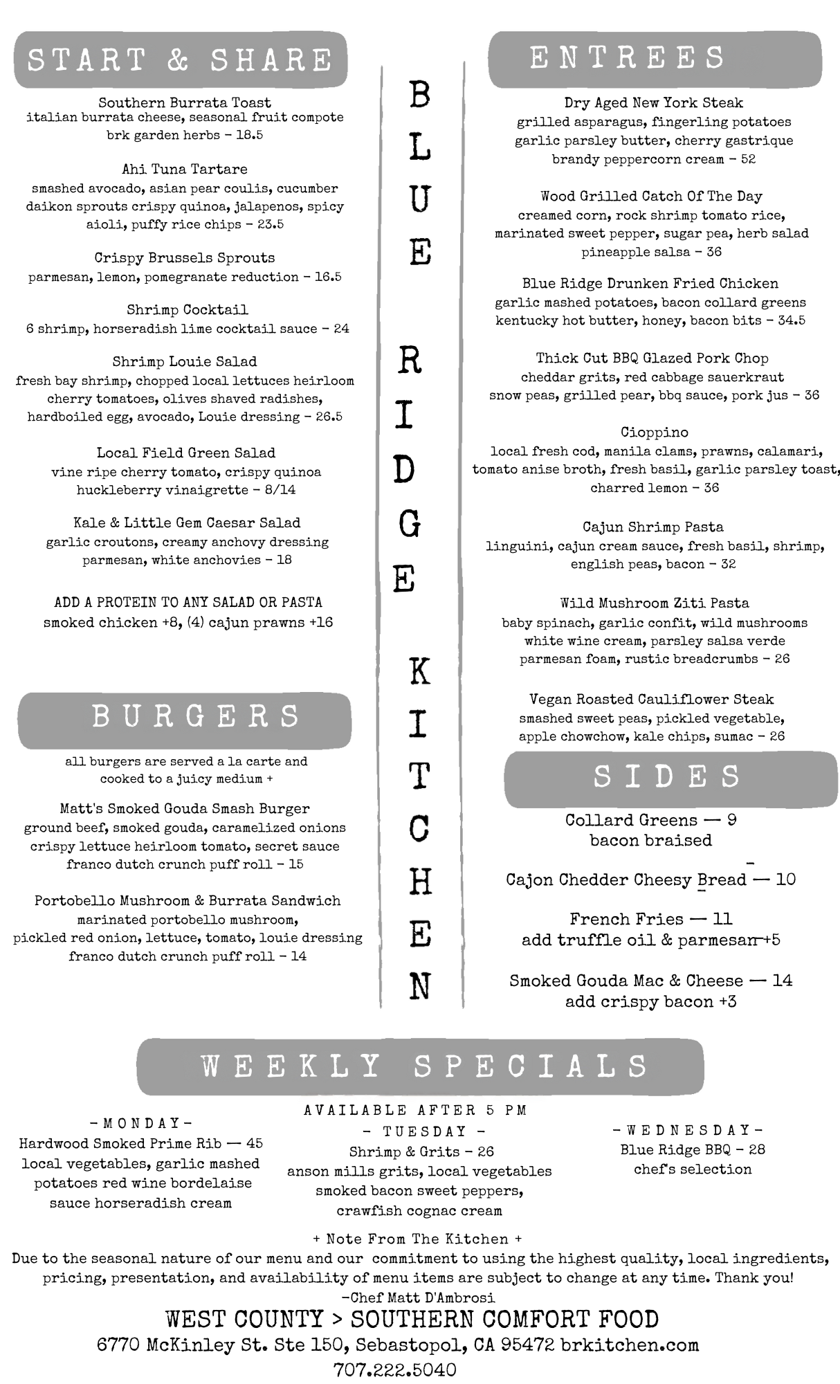 Menu — Blue Ridge Kitchen