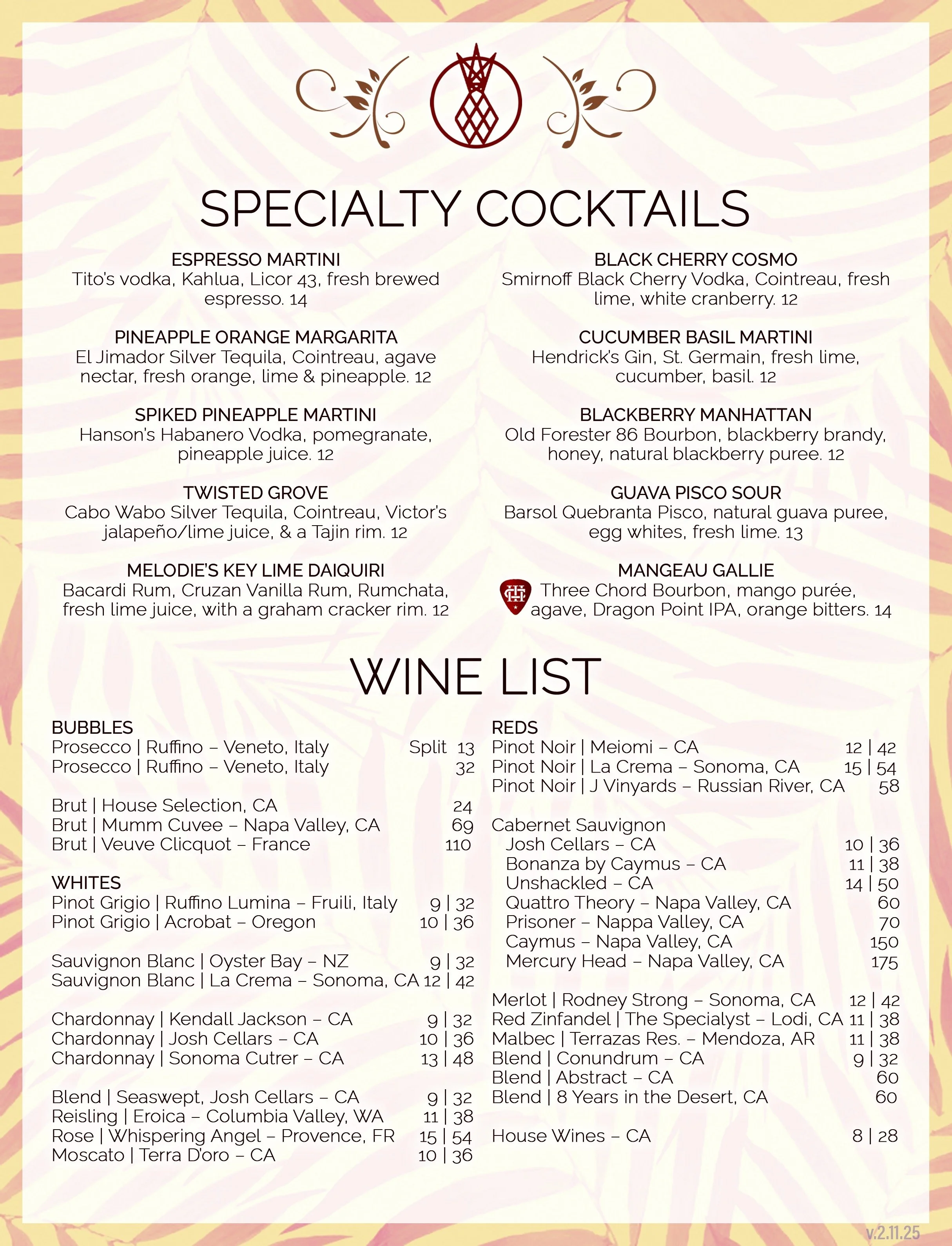 Pineapples Menu — PINEAPPLES