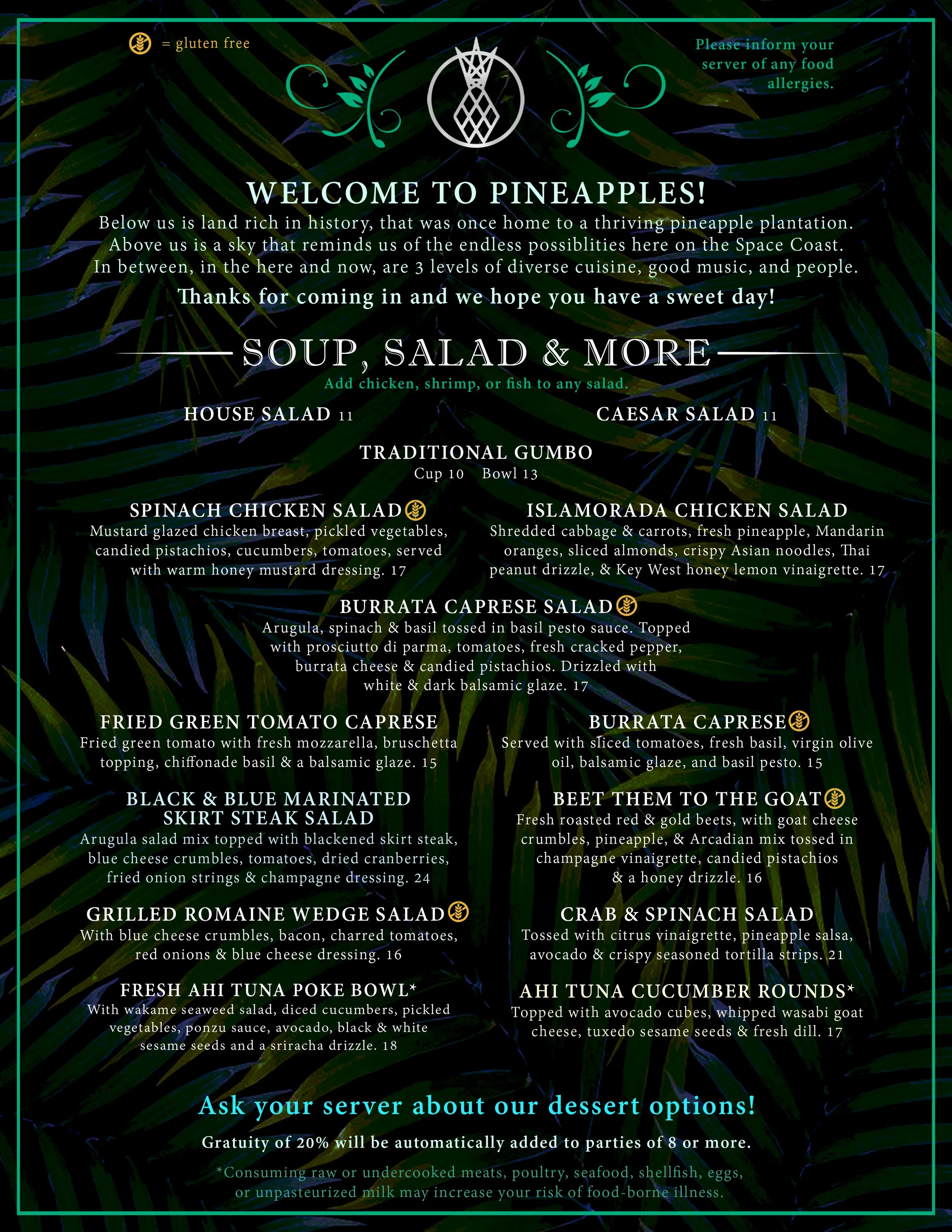 Pineapples Menu — PINEAPPLES