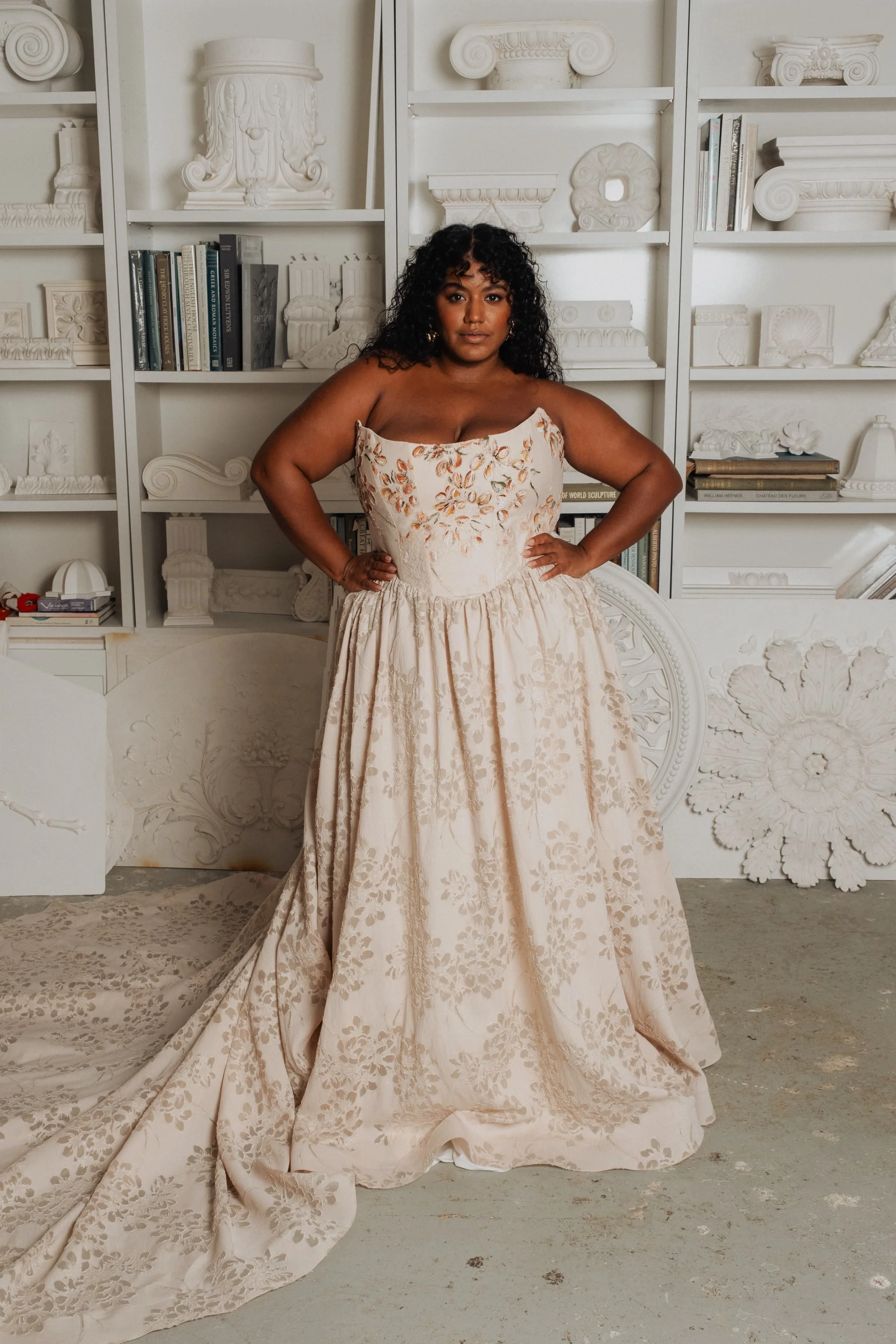 Strapless corset basque waist champagne wedding dress hand painted ...