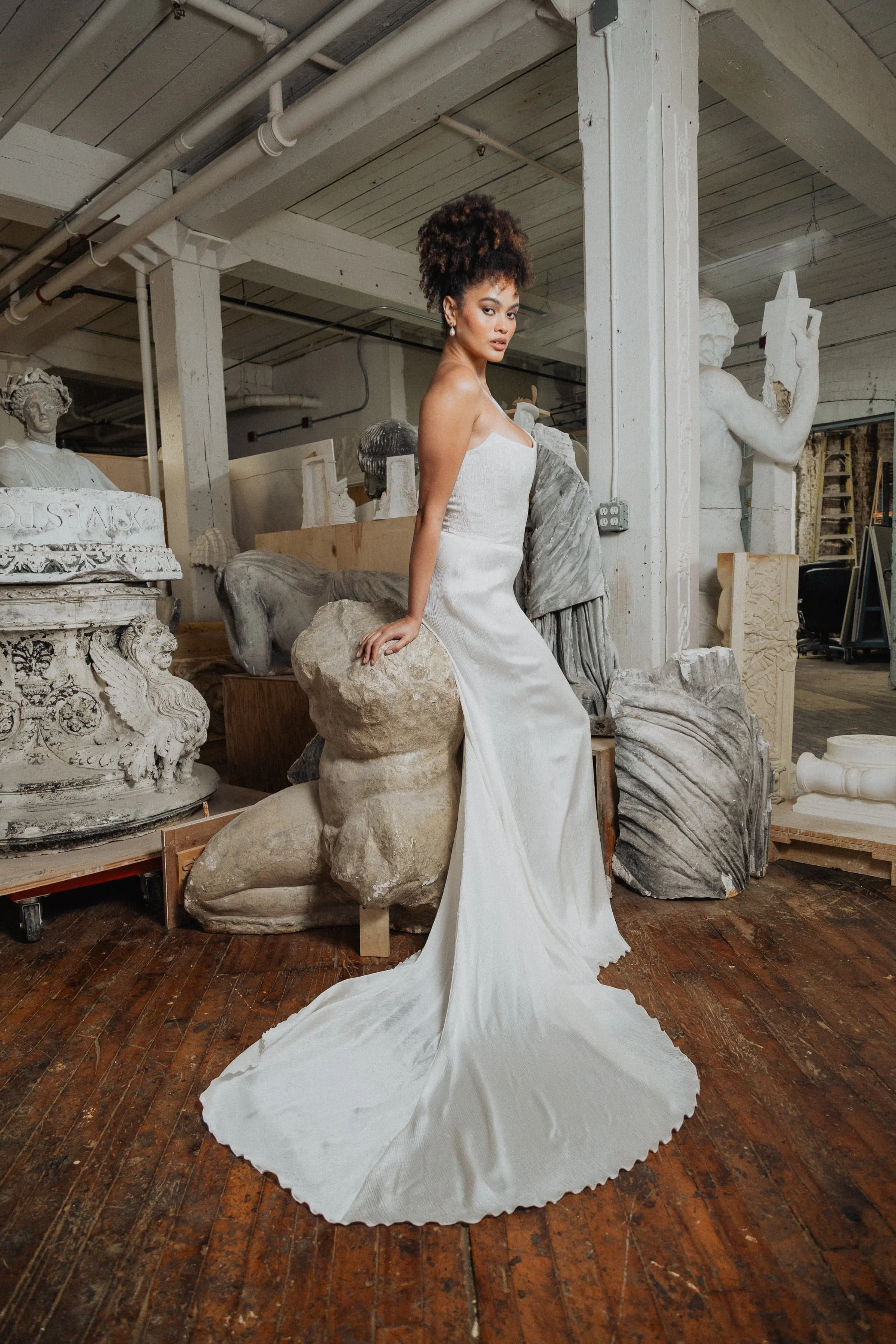 Crinkle satin strapless wedding dress basque waist corset bodice, cowl ...