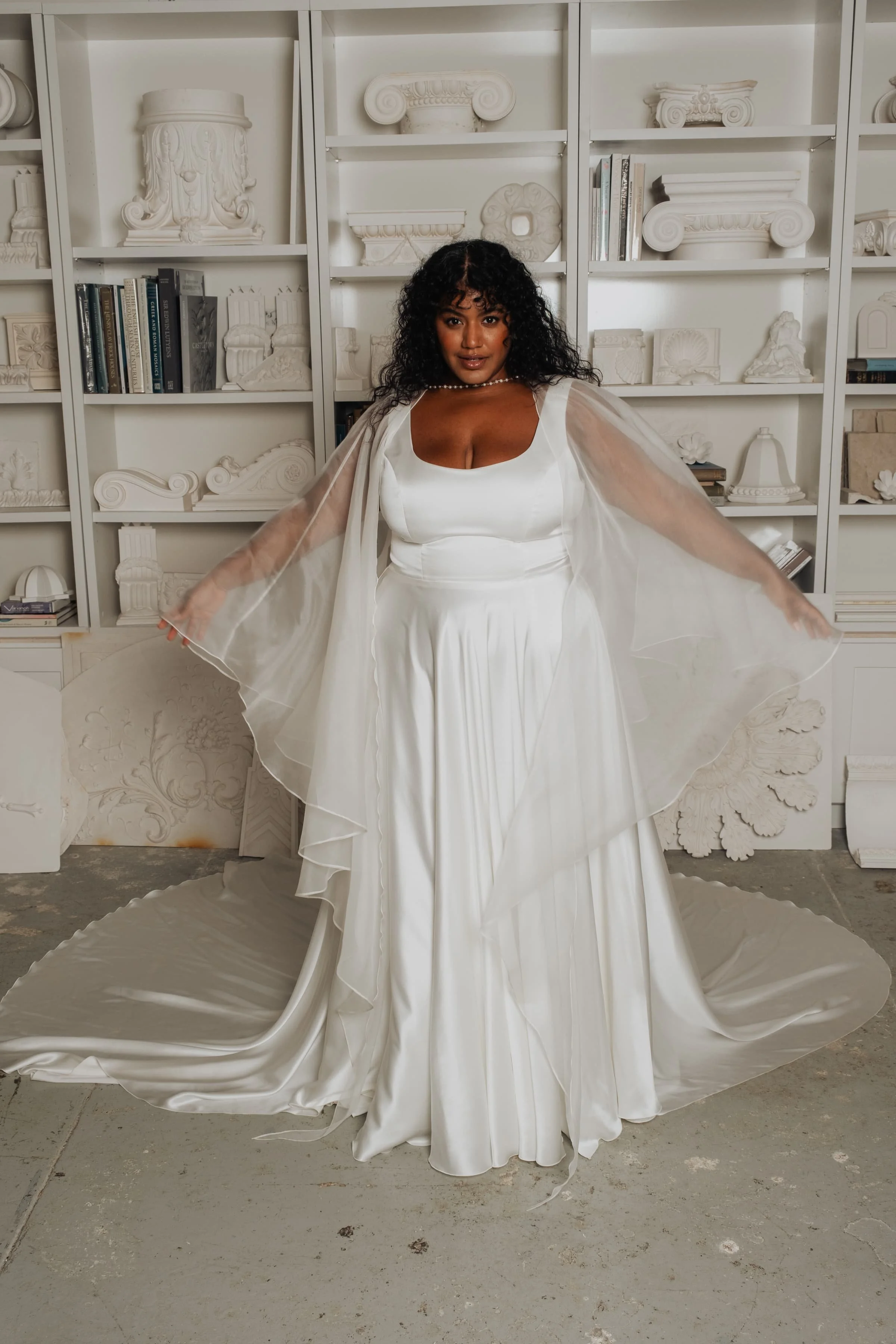 Silk organza bridal cape with pearl necklace in Brooklyn NYC — Loulette ...