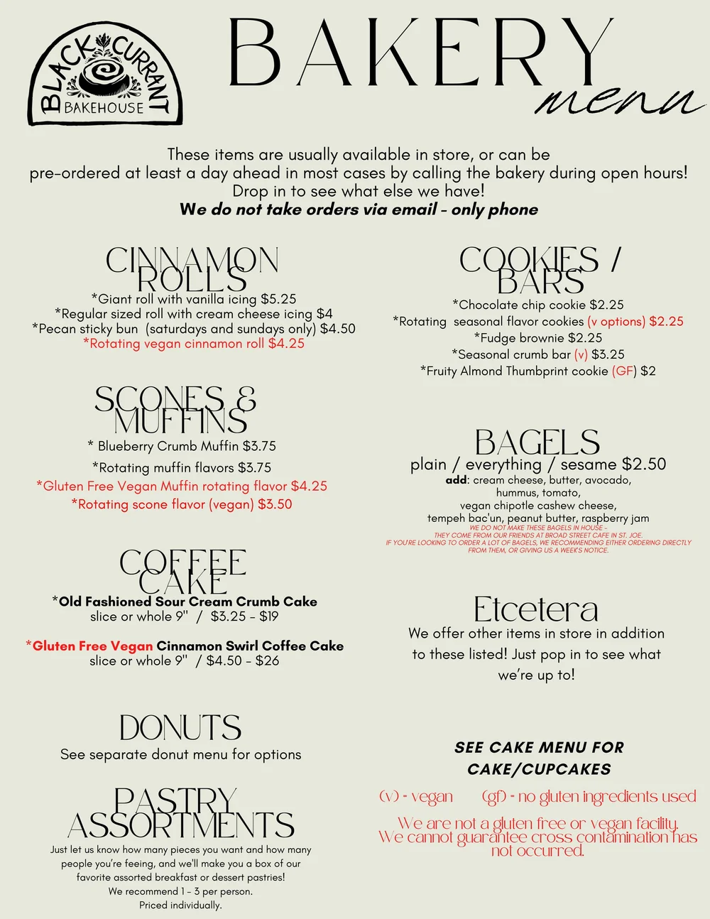 MENUS — Black Currant Bakehouse