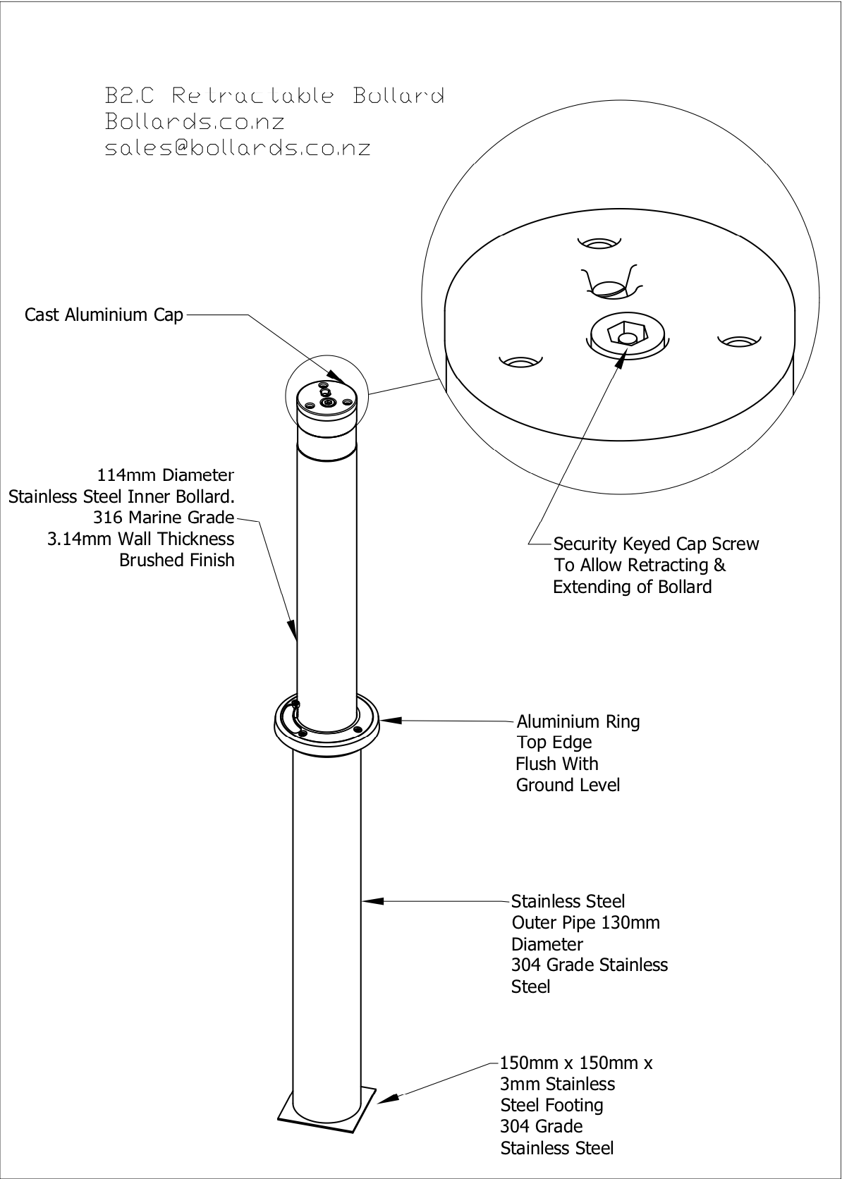 B2c Retractable Bollard - Stainless Steel — Bollards NZ