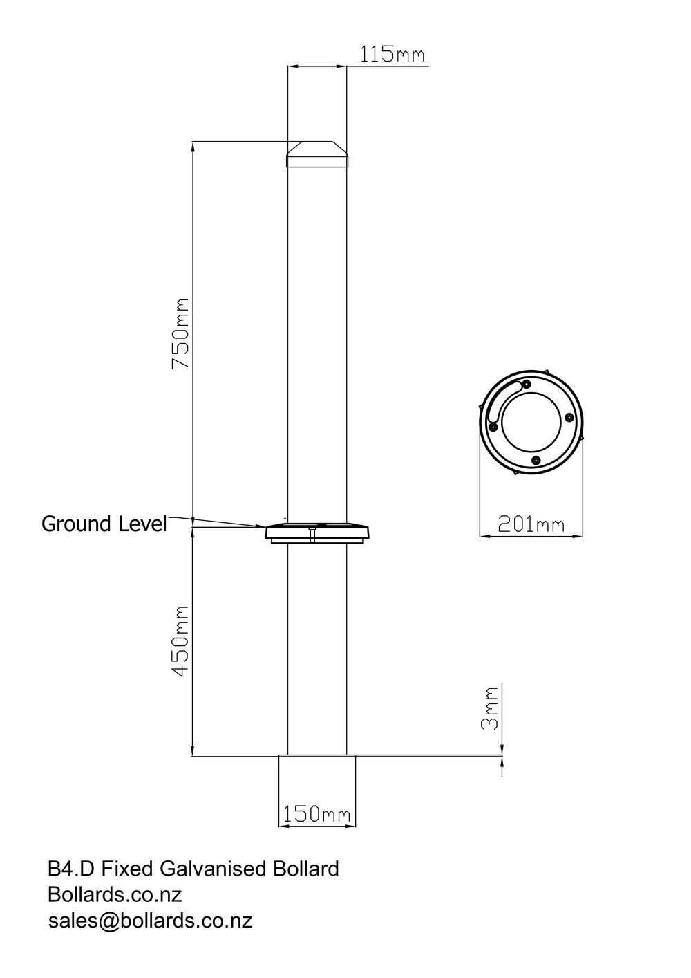 B4d Fixed Bollard - Galvanised — Bollards NZ