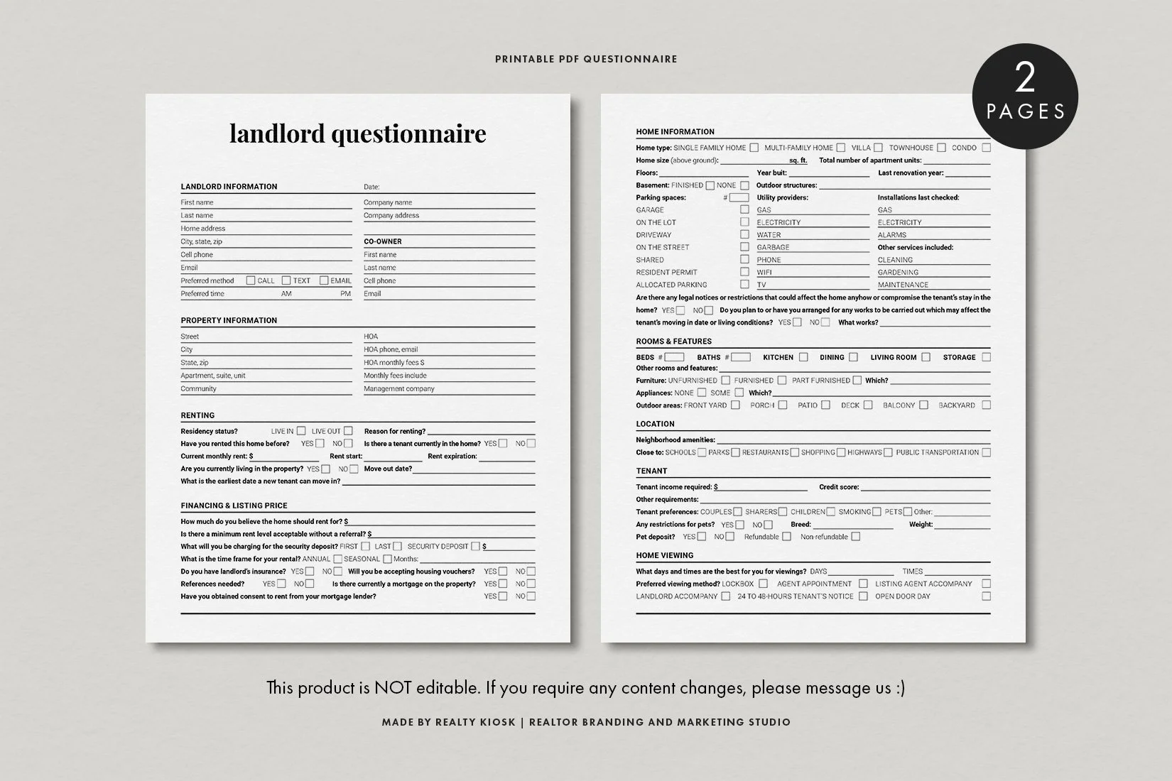 Real Estate Landlord Questionnaire, Landlord Intake Form, Landlord ...
