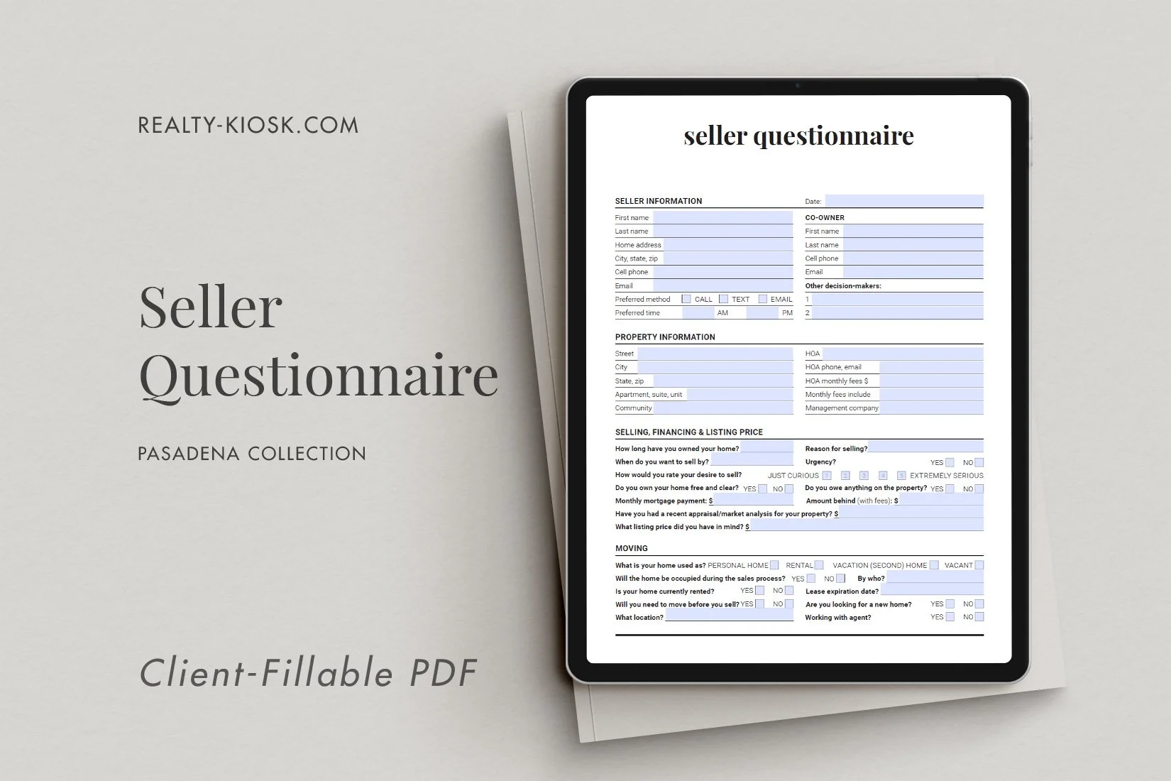 Fillable Real Estate Seller Questionnaire, Home Seller Intake Form ...