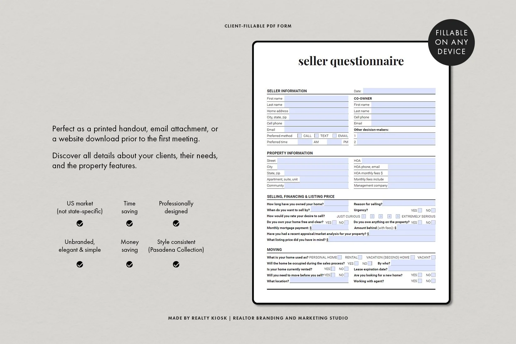Fillable Real Estate Seller Questionnaire, Home Seller Intake Form ...