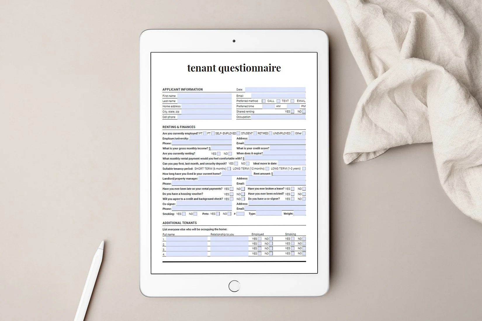 Fillable Real Estate Tenant Questionnaire, Tenant Intake Form, Tenancy ...