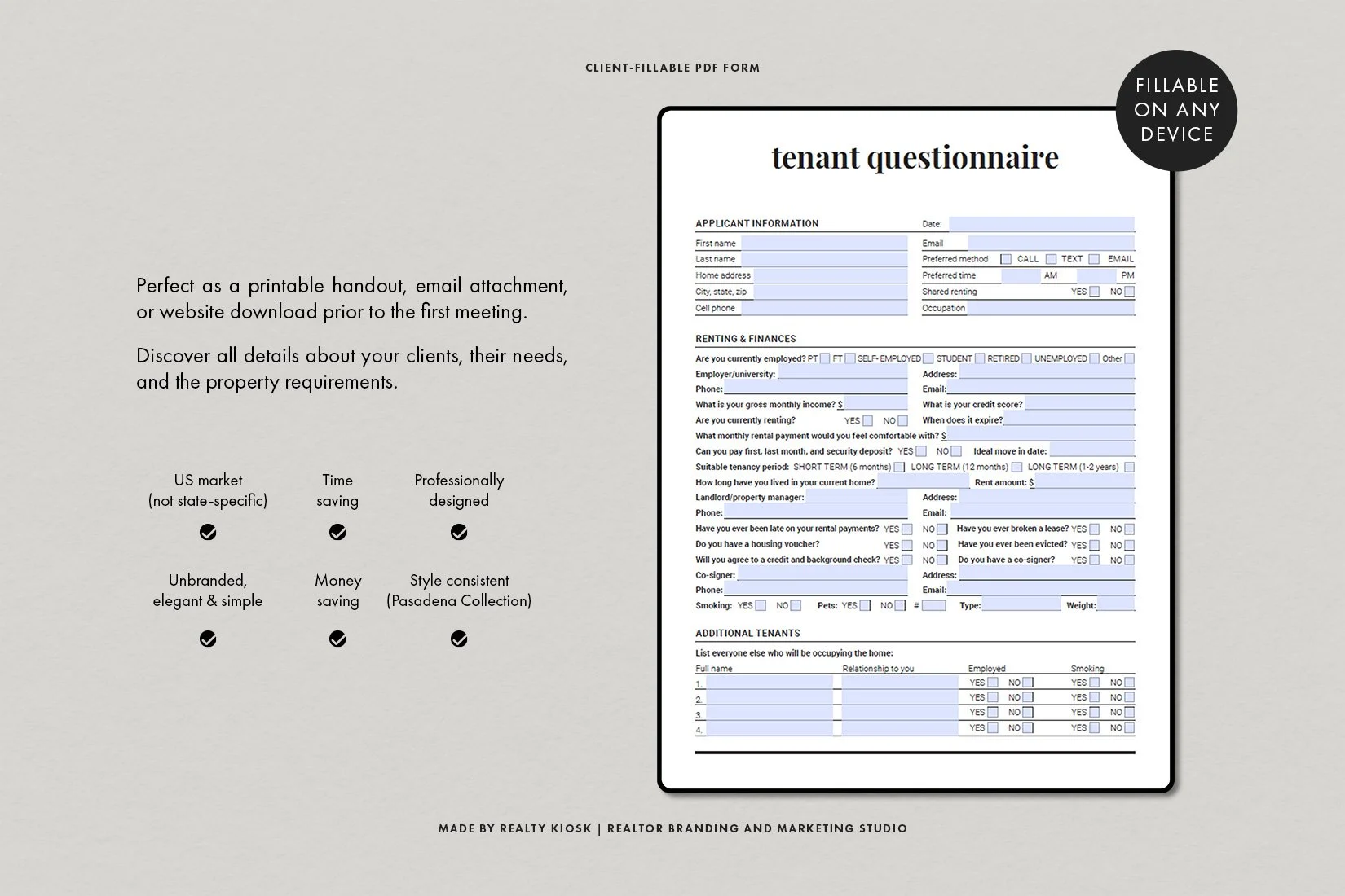 Fillable Real Estate Tenant Questionnaire, Tenant Intake Form, Tenancy ...