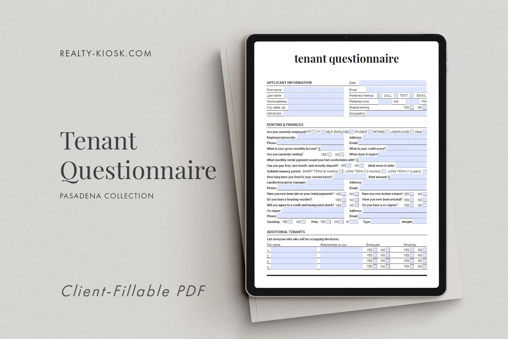 Fillable Real Estate Tenant Questionnaire, Tenant Intake Form, Tenancy ...