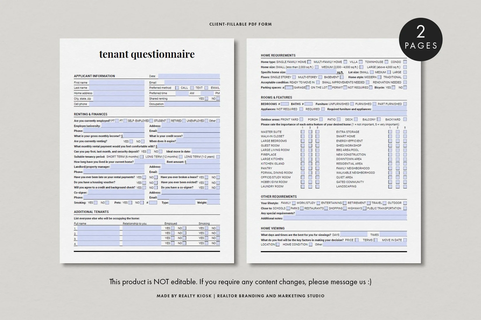 Fillable Real Estate Tenant Questionnaire, Tenant Intake Form, Tenancy ...