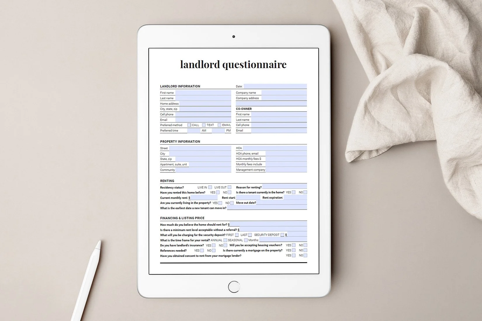 Fillable Real Estate Landlord Questionnaire, Landlord Intake Form ...