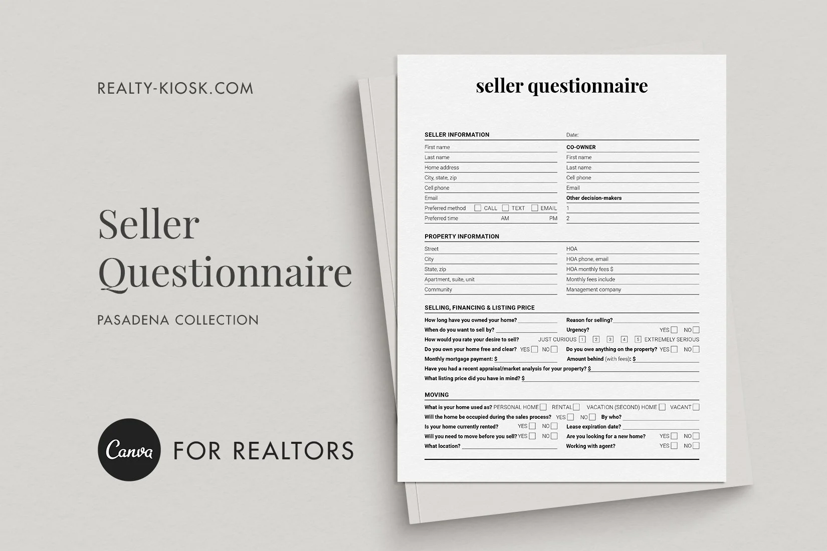 Real Estate Seller Questionnaire Canva, Home Seller Intake Form ...