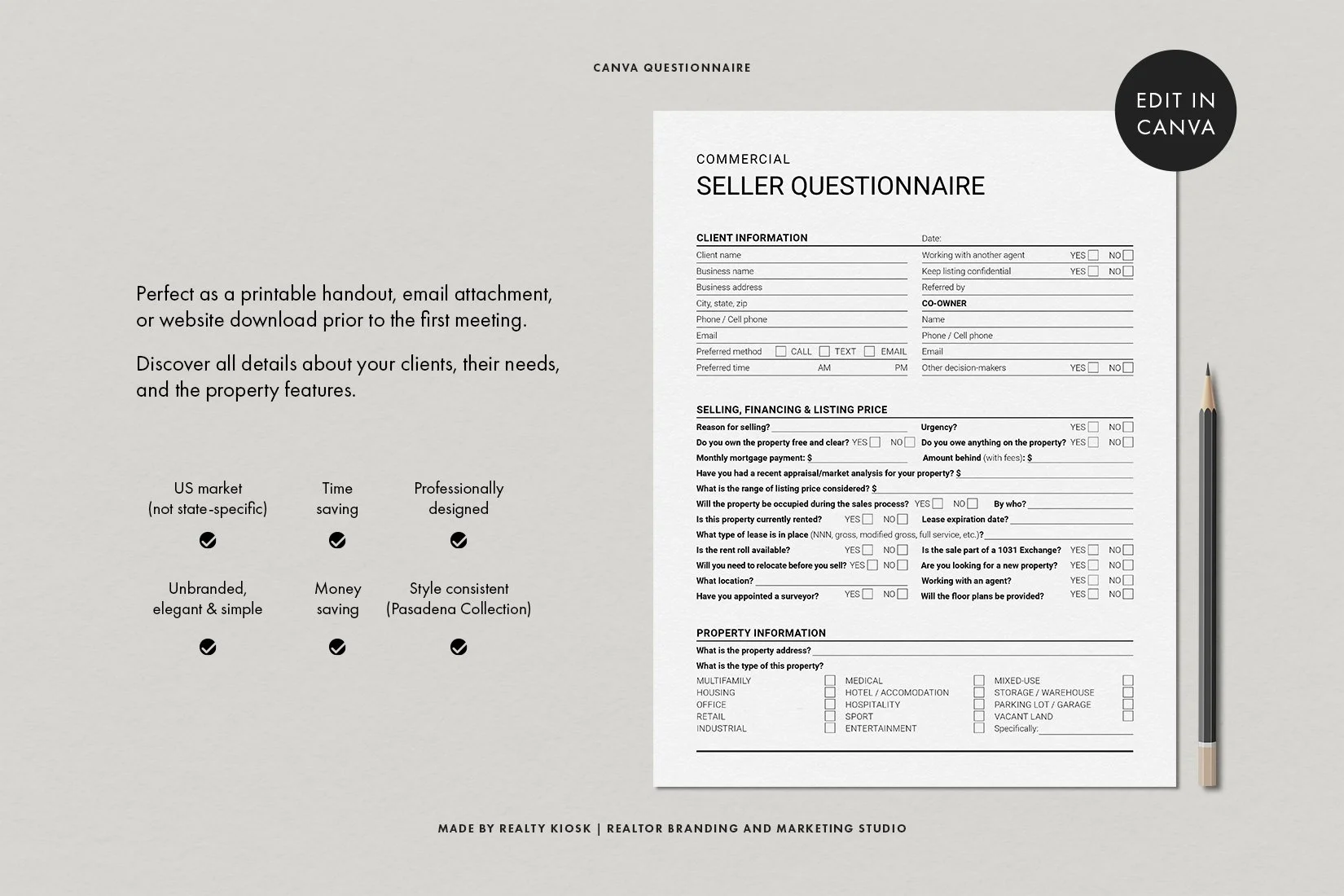 Commercial Real Estate Seller Questionnaire, Canva Template, Seller ...