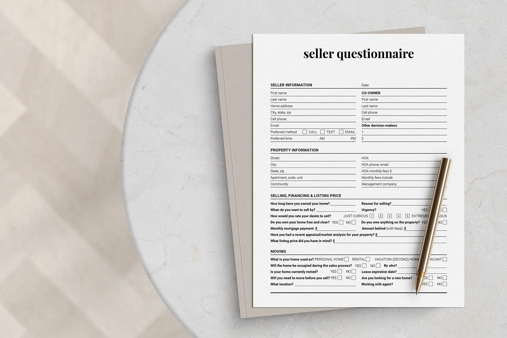 Real Estate Seller Questionnaire, Home Seller Intake Sheet, Listing ...