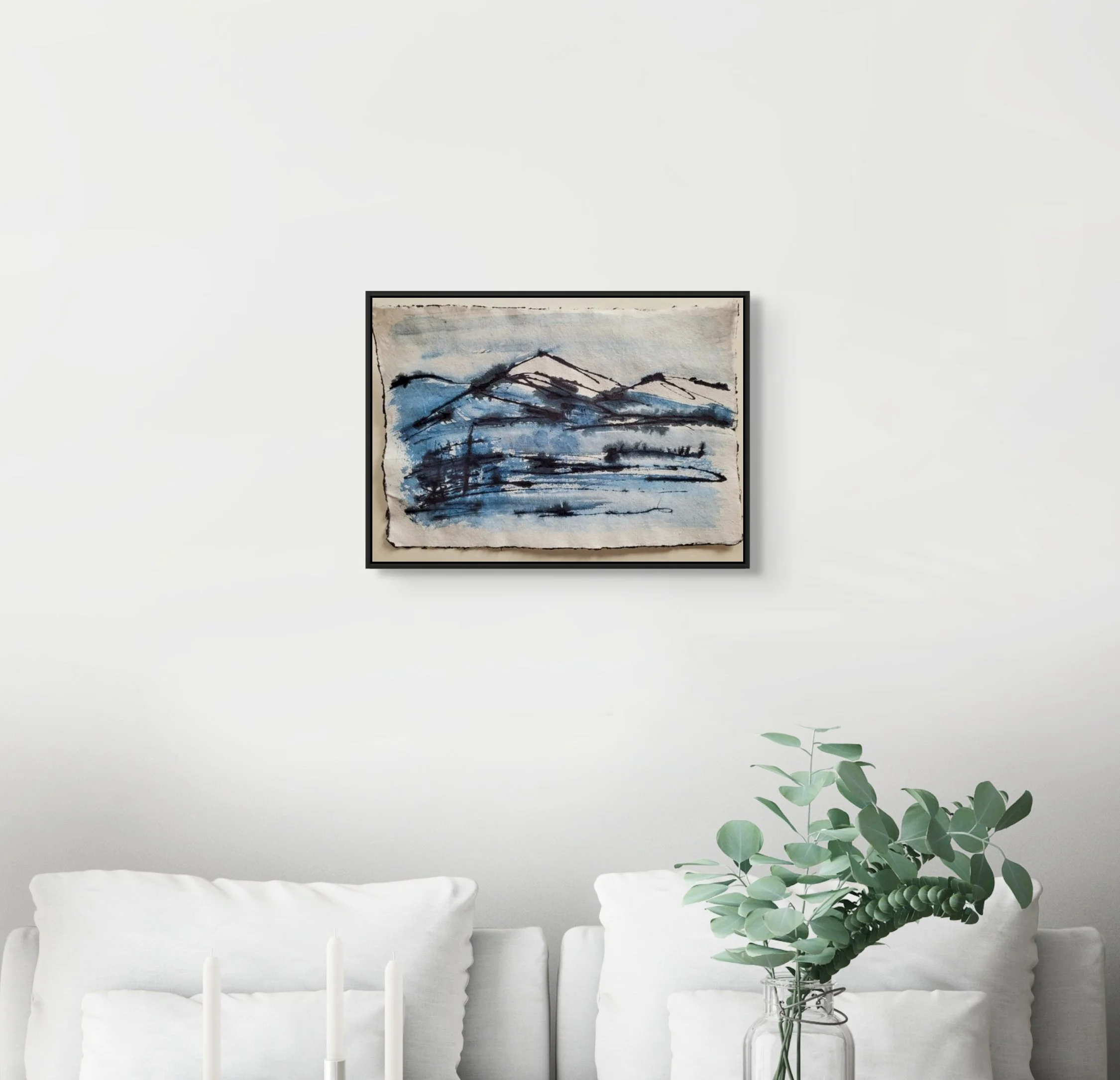 mountain ink sketch, monochrome ink drawing paper, small framed art ...