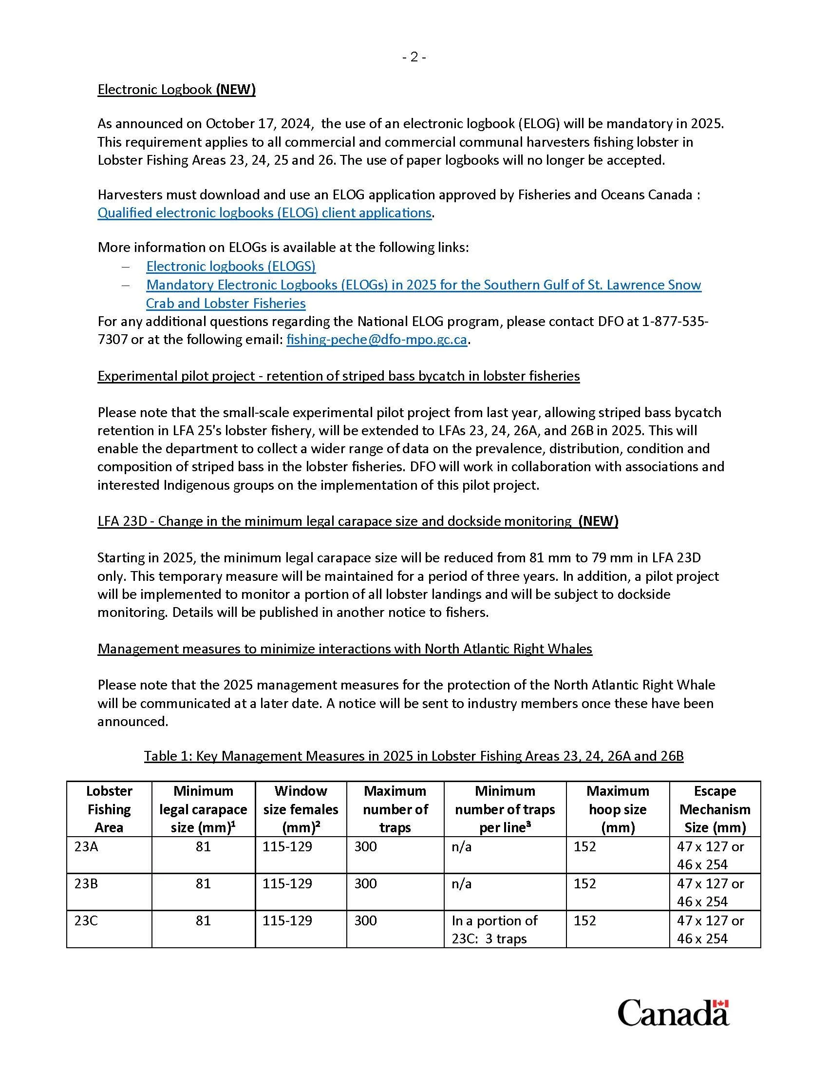 Notice to Fish Harvesters : Lobster LFA 23, 24, 26A (A1, A2 & A3), 26B ...