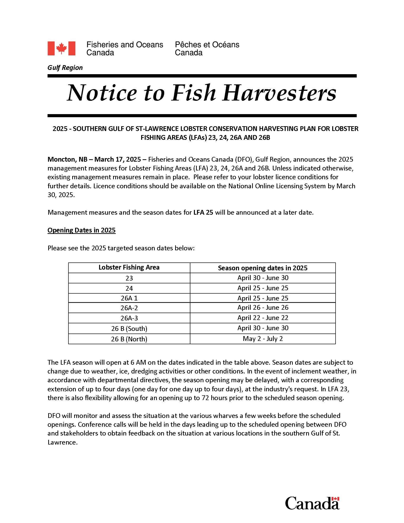 Notice to Fish Harvesters : Lobster LFA 23, 24, 26A (A1, A2 & A3), 26B ...