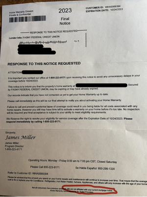 Important Notice: Beware of Home Warranty Scam Letters — FASNY FCU
